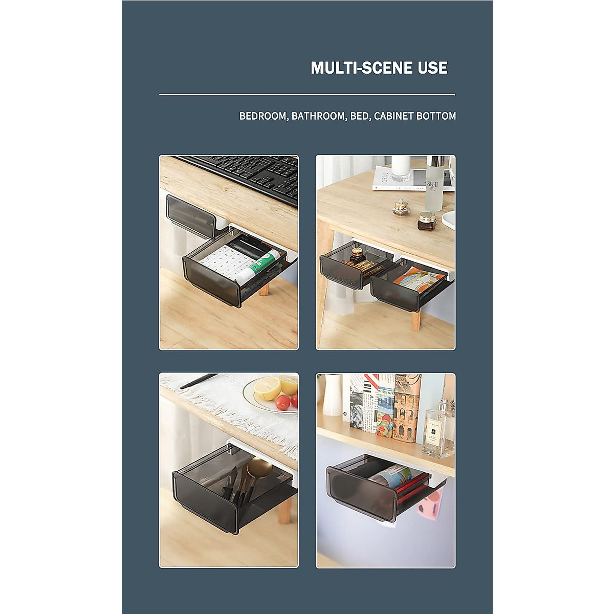 ELJIF Under Desk Drawer, Office Organizer, Storage Cabinet, Self-adhesive Organizer Box, Slide-out Cabinet, Desk Caddy Single Medium (White)