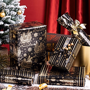 WRAPAHOLIC Reversible Christmas Wrapping Paper - Mini Roll - 17 Inch X 33 Feet - Black and Gold Christmas Sleigh and Stripe with Metallic Foil for Chrsitmas, Holiday, Party Celebration