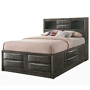 HABITRIO Queen Bed with Storage, Solid Wood Queen Size Bed Frame with Headboard (2 Bookcase, 2 Drawers), Footboard (4 Drawers), Rail with 2 Drawers, Wooden Slat, No Box Spring Needed, Gray Oak