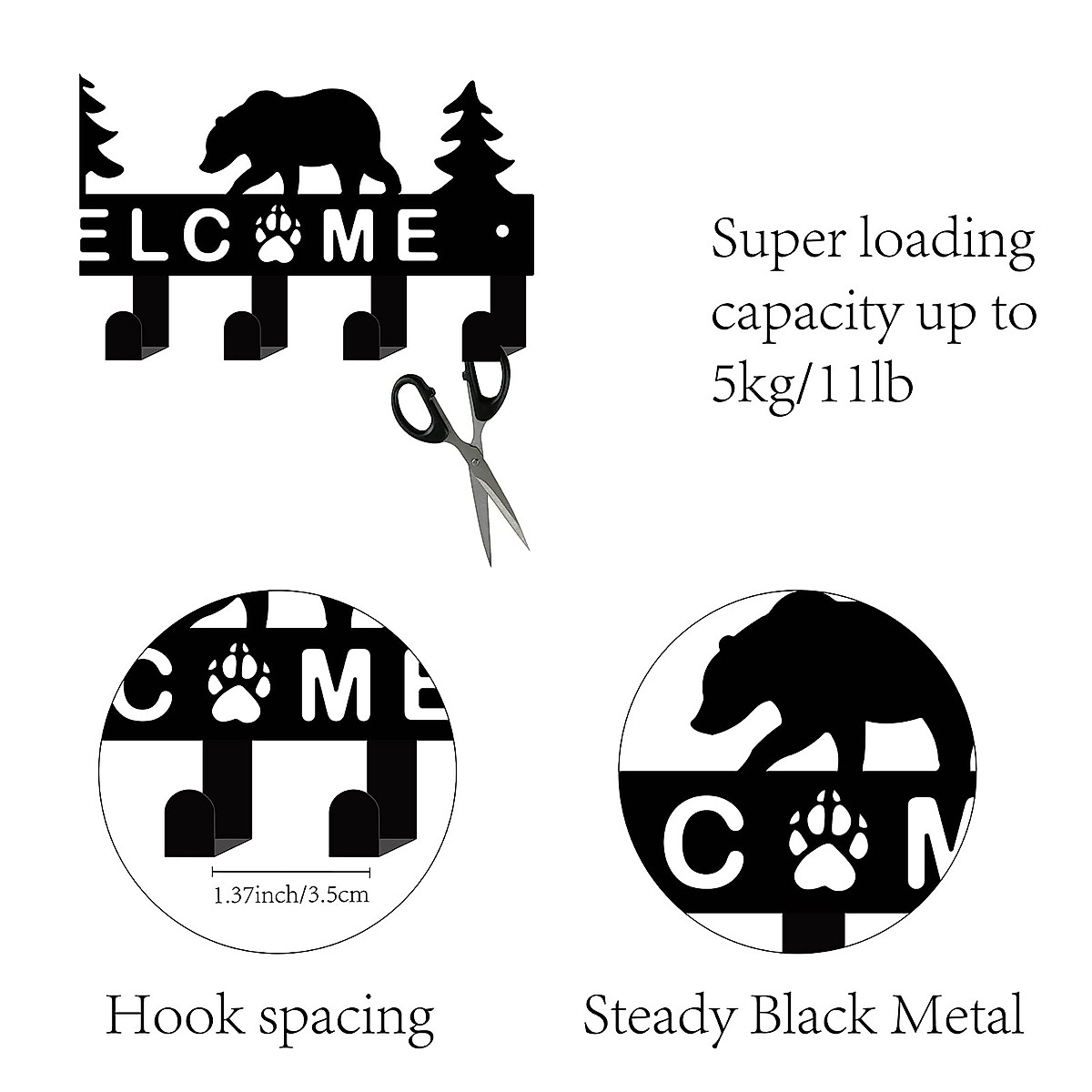 CREATCABIN Metal Key Holder Black Key Hooks Wall Mount Hanger Decor Iron Hanging Organizer Rock Decorative 6 Hooks Welcome Bear for Home Housewarming Gift Entryway Cabinet Hat Towel 10.6 x 5.5inch