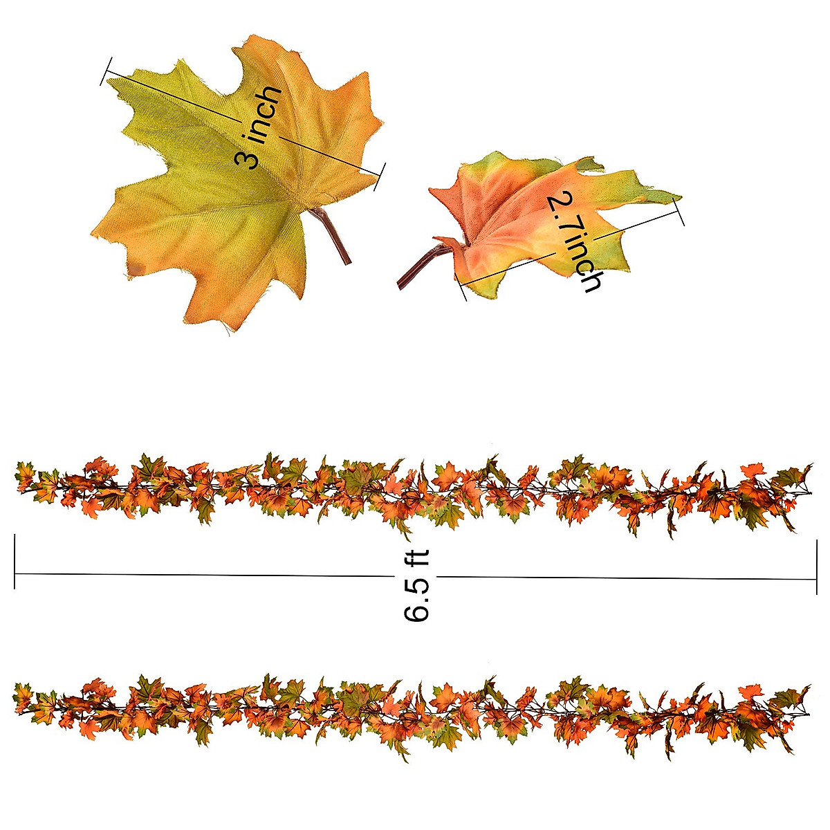 2 Pack Fall Garland Maple Leaf, 6.5Ft/Piece Hanging Vine Garland Artificial Autumn Foliage Garland Thanksgiving Decor for Home Wedding Fireplace Party