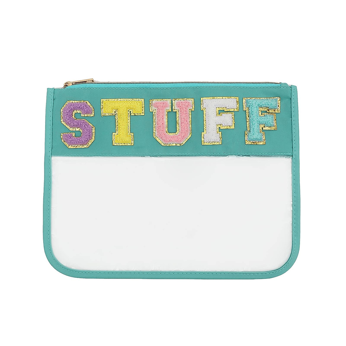 BCRMPT Chenille Letter Bag Clear Flat Pouch,Multi-purpose PVC&Nylon Clear Cosmetic Bags,Travel Makeup Bag With Zipper For Women,Clear Pouches for Travel,Gym,Beach (Green-Stuff)