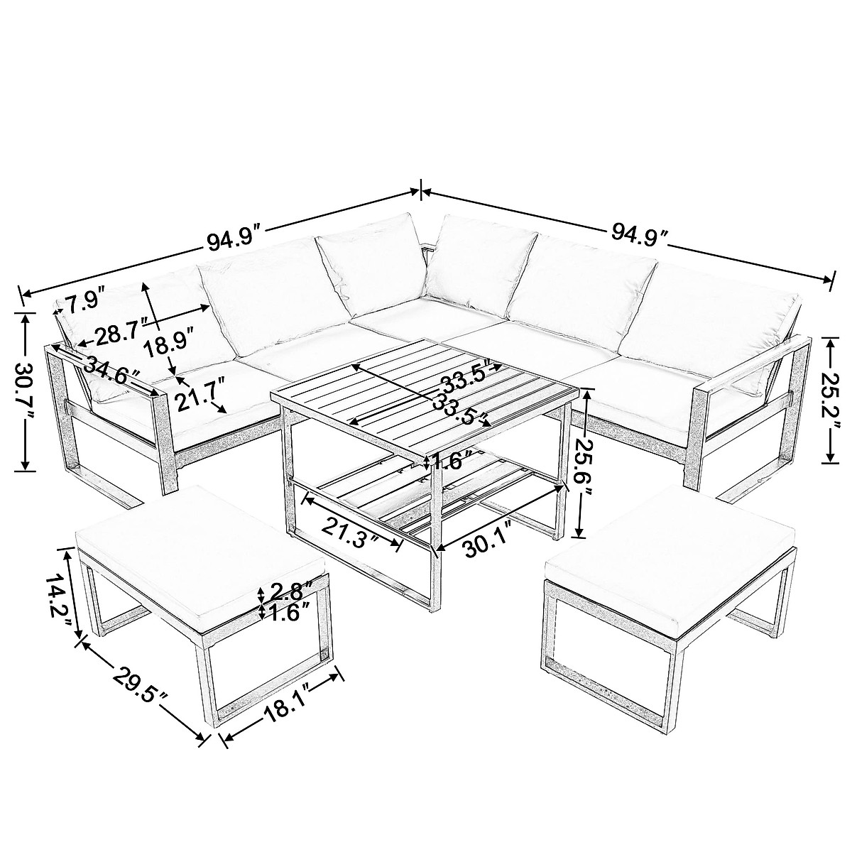 BIADNBZ 6-Pieces Patio Furniture Set for 7,Outdoor Conversation Sectional Sofa with with 1 Table and 2 Benches for Garden Deck Backyard, White