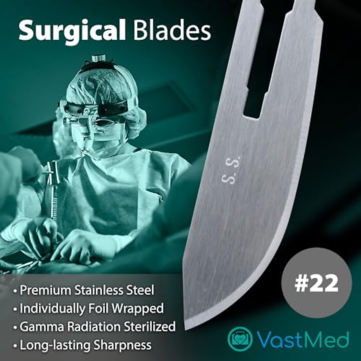 200PCs Dental Grade #22 Stainless Steel Sterile Surgical Blades by VASTMED | Individually Wrapped High Stainless Steel Dermablade Surgical Blade