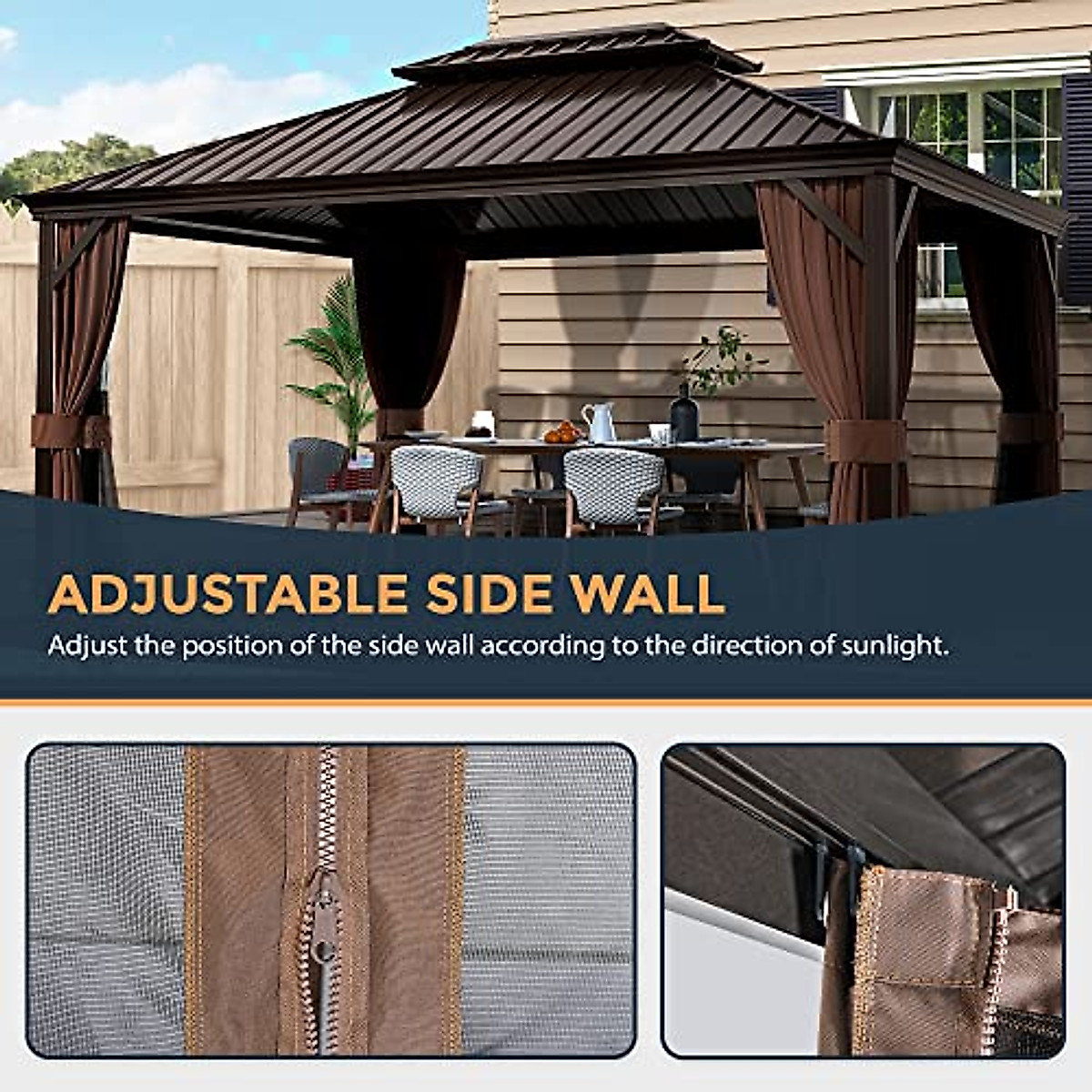 HAPPATIO 12' x 16' Hardtop Gazebo, Galvanized Steel Patio Double Roof Aluminum Gazebo with Curtains and Netting, Metal Permanent Pavilion Outdoor Gazebos for Patios, Gardens (Brown)