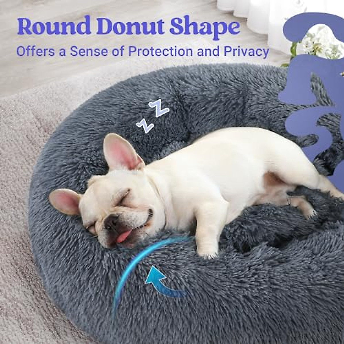 rabbitgoo Dog Bed for Small Dogs, 24 inches Washable Small Dog Bed, Fluffy Donut Dog Bed Anti-Slip, Calming Soft Plush Round Pet Bed for Dogs, Fits up to 18 lbs Pets, Dark Grey