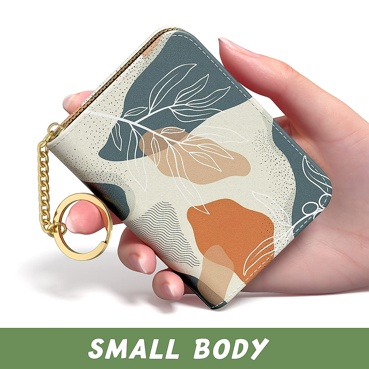 Aiawoxc Credit Card Holder, Small RFID Card Wallet Slim Leather Card Organizer Case with Zipper & Keychain, Abstract Boho Leaves