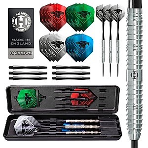 Harrows Sabre 90% Tungsten Steel Tip Darts Set I 21g to 26g All Weights Available I Huge 24pcs Bundle with Spare Shafts, Prime Flights & Travel Case (22 Grams)