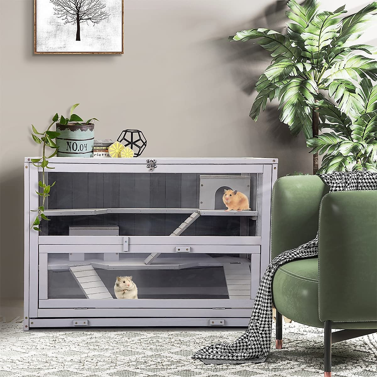 3 Story Guinea Pig Cages Wooden Indoor Hamster Cage w/ Chewing Toy, Hideout, Seesaws, Leak Proof Plastic Tray, Small Animal Cage for Ferret/Chinchilla/Bunny/Rabbit/Squirrel (35.5"L x 20.9"W x 24.4"H)