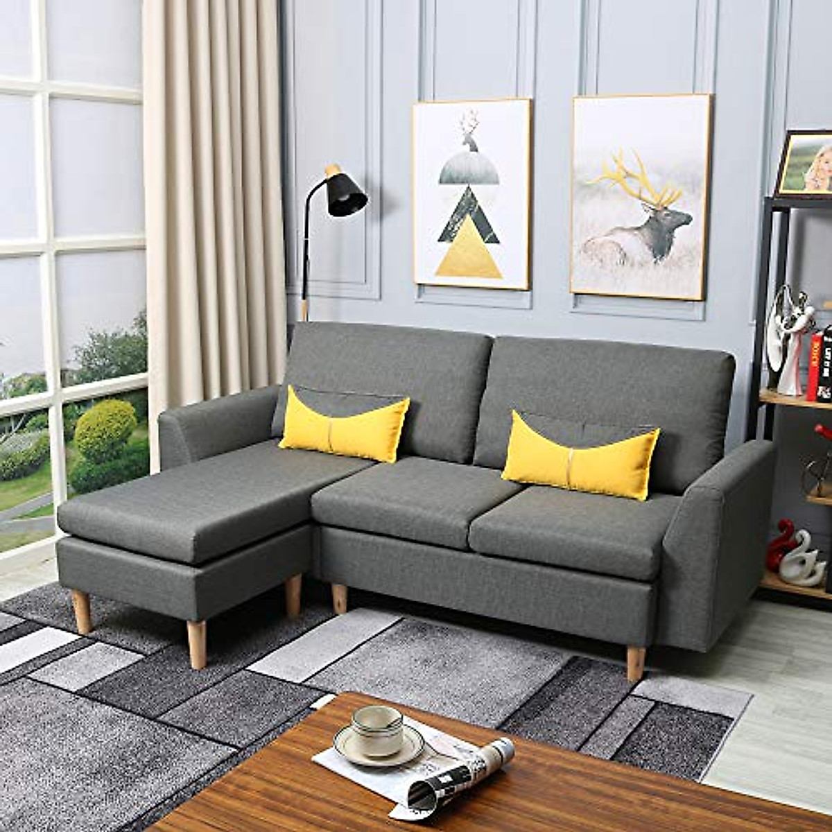 Best-Living Furniture Modern Linen Fabric L-Shaped Small Space Sectional Sofa with Stool, Reversible Chaise, in Grey