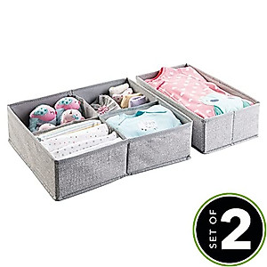 mDesign Soft Fabric Dresser Drawer and Closet Storage Organizer Set for Child/Kids Room, Nursery, Playroom - 2 Pieces, 5 Compartments - Textured Print - Gray