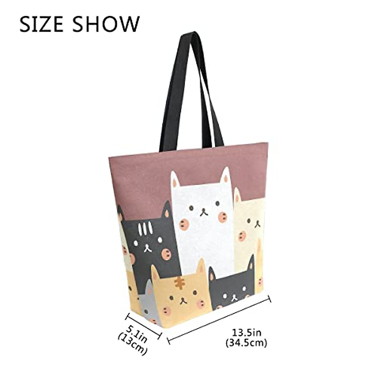 ALAZA Cut Cat Kitten Print Kawaii Large Canvas Tote Bag Shopping Shoulder Handbag with Small Zippered Pocket