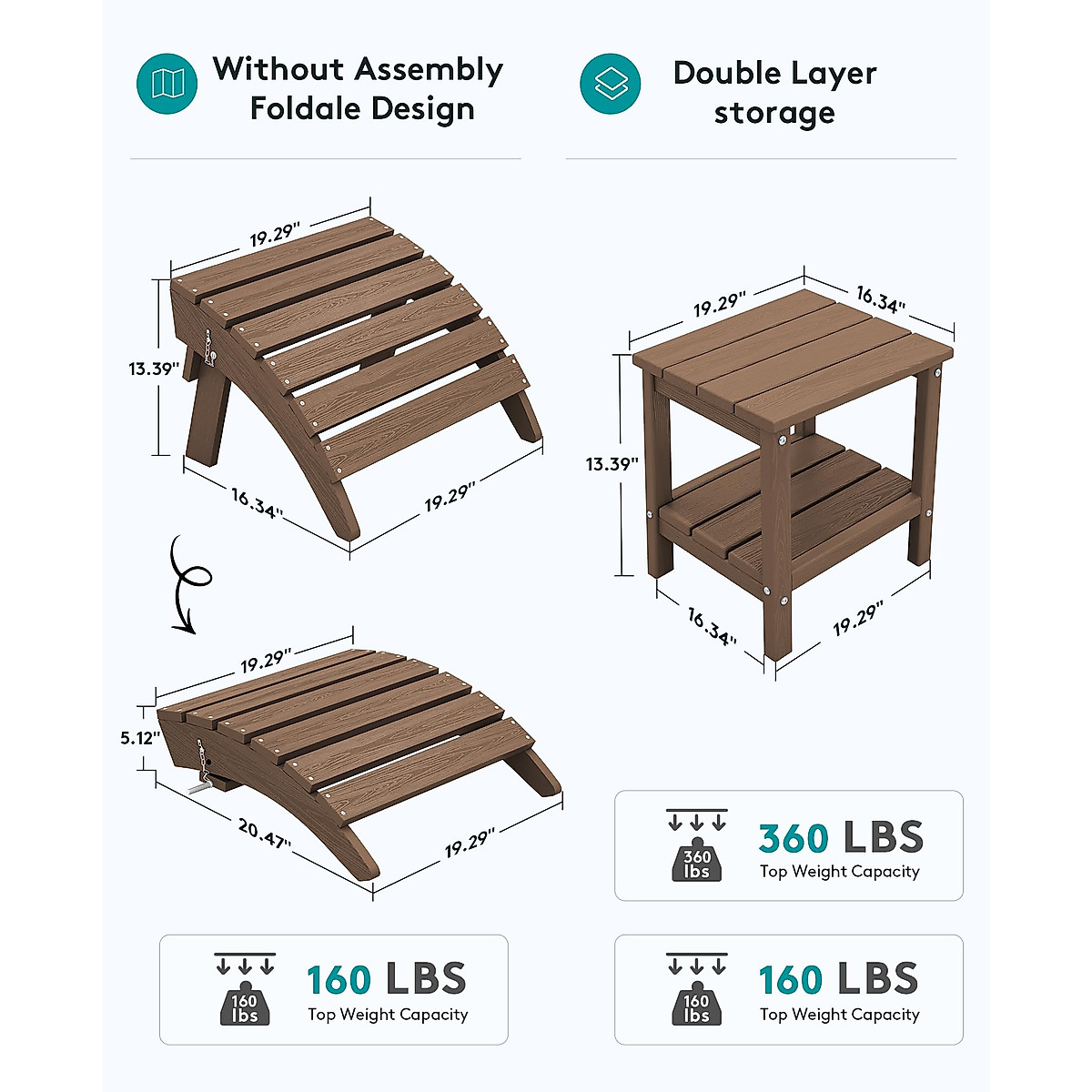 SERWALL 5-Piece Adirondack Chair and Ottoman and Table Set, Brown