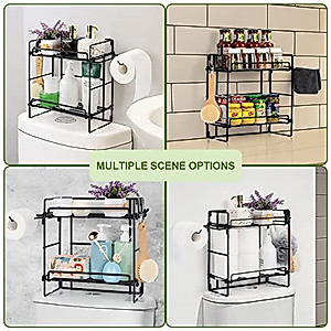 SHINOSKE Over The Toilet Storage, 2 Tier Bathroom Organizer Shelves Over Toilet and Wall Mounted Design, No Drilling Needed to Save Space, with Hook and Paper Holder（Black）
