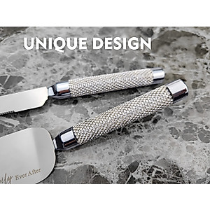 ROXBURGH Wedding Cake Knife and Server Set, Mr and Mrs Forks, Cake Cutting Set for Wedding, 420 Stainless Steel Silver Cake Cutter and Pie Server Slicer, Rhinestones Studded Handle Engagement