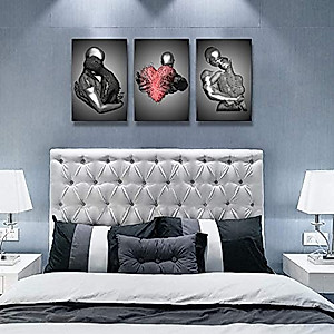 Framed 3 Pcs Love Heart 3d Wall Art Metal Sculpture Romantic Couple Hug Abstract Art Prints Posters Decor Grey Black and White Canvas Printsfor Bedroom Living Room Bathroom Hotel Valentine'S Day