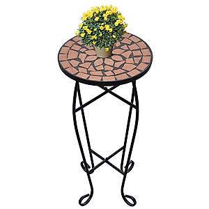 SecondBoy Terracotta Brown Finish Outdoor Side Table Patio Table Garden Plant Stand Iron Frame Scroll Leg Round Top Ceramic Random Mosaic