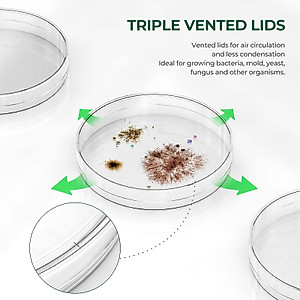 100 Packs Sterile Thick Plastic Petri Dishes with Lid, Vabiooth 90mm Dia x 15mm Deep Clear 3 Vents Petri Dish for Lab Science Experiment