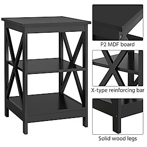 Yaheetech Black End Table Set of 2, 16x16x24 in Sturdy 3-Tier Side Tables with Storage Shelf & Solid Wood Legs, 2Pcs X-Design Modern Sofa Side Table for Living Room Office, Easy Assembly