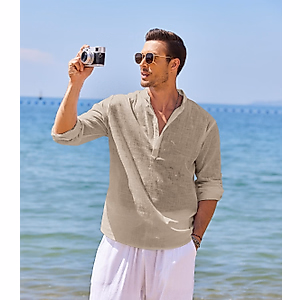 COOFANDY Men's Cotton Linen Henley T-Shirts Long Sleeve Hippie Casual Beach T-Shirts