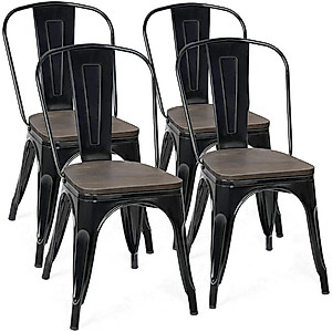 S AFSTAR 18 Inch Dining Chair Set of 4, Stackable Metal Chairs w/Wood Top Seat, Bistro Cafe Side Chair w/High Backrest for Kitchen Patio Restaurant Indoor (Black)