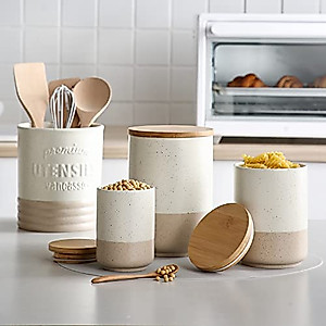 vancasso Sabine Canister Sets for Kitchen Counter, 20 OZ and 40 Oz Ceramic Food Storage Jars with Airtight Wood Lids, Large Kitchen Canisters for Coffee, Sugar, Tea, Flour, Spice