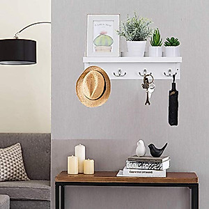 Hoanvi Floating Shelves with 8 Hooks for Bathroom Coat Rack, Wood Wall Key Holder Hooks Storage for Photo Ledge Display, Wall Mount Shelf Organizer for Kitchen Spice Rack, Entryway Decor. (White)