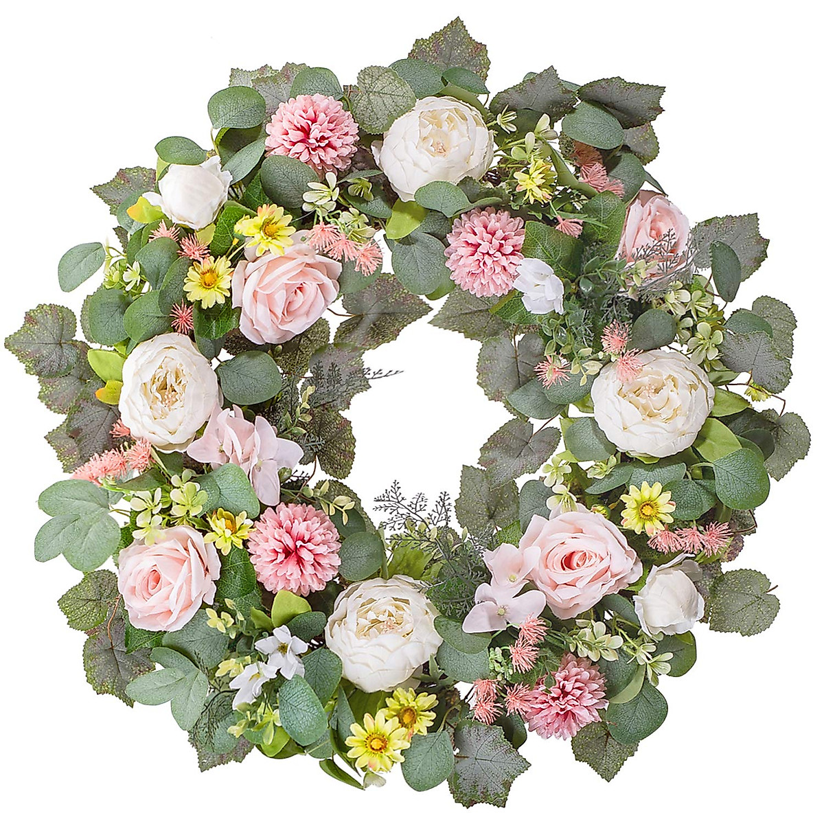 WANNA-CUL 24 Inch Large Spring Peony Flower Wreath for Front Door for Wedding,Pink Rose Floral Door Wreath with Rustic Grapevine Leaves,Bolocephalus Saussureoides for Wall