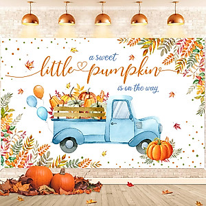 MEHOFOND Little Pumpkin Baby Shower Party Decorations Backdrop Autumn Fall Baby Shower Banner A Sweet Little Pumpkin is On The Way Blue Truck Maple Leaves Baby Shower Party Decor Supplies (72x44Inch)