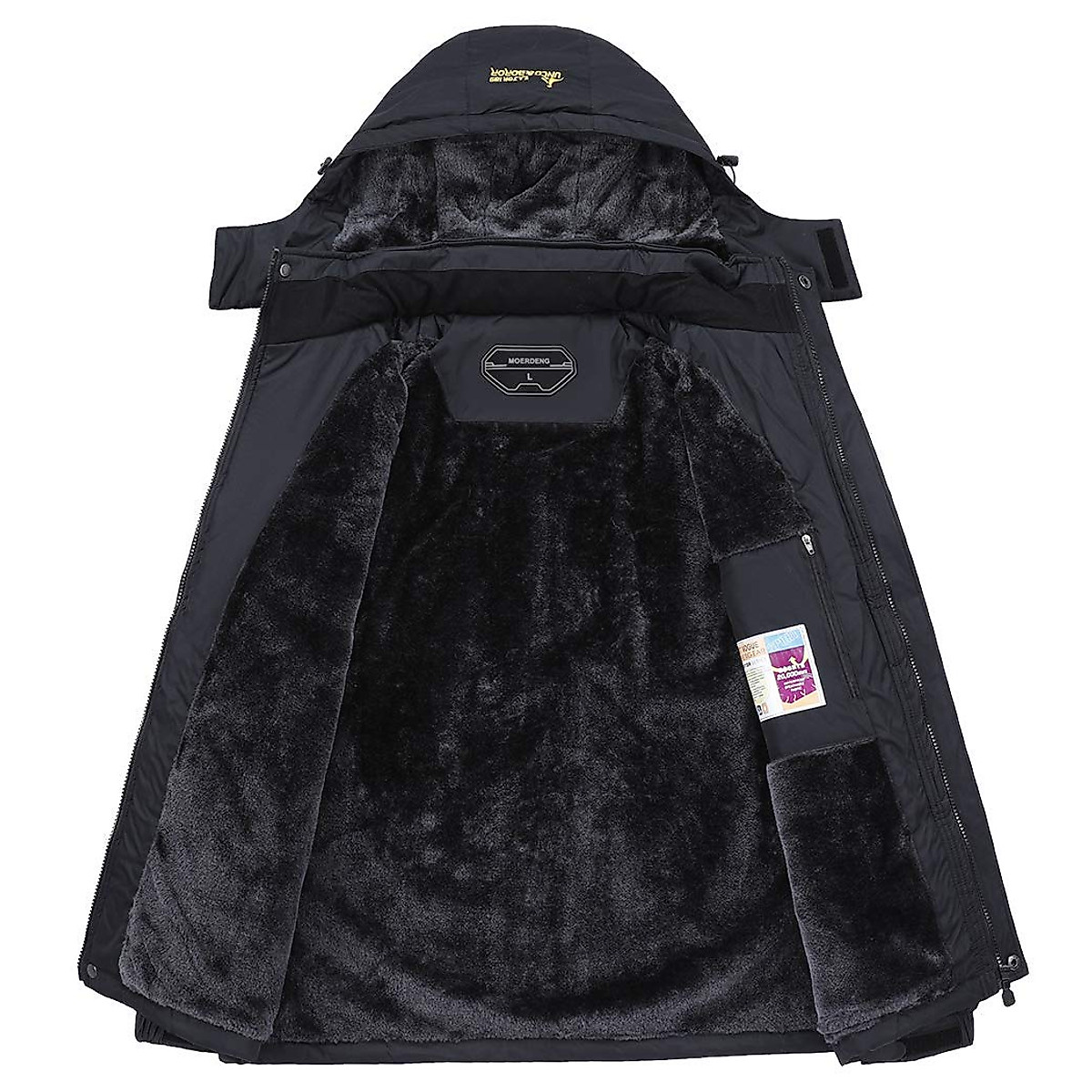 MOERDENG Men's Waterproof Ski Jacket Warm Winter Snow Coat Mountain Windbreaker Hooded Raincoat, Black, Large