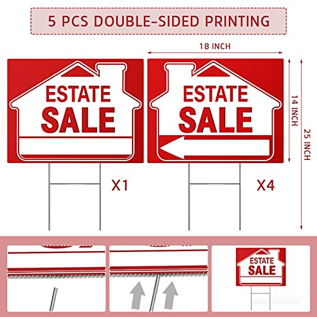 [5 Pack] Estate Sale Signs Set,18 x 14 Inch Estate Sale Yard Signs with Double Sided, Estate Sale Arrows Signs with Metal H Stakes,Property Sale Directional Arrows Signs,WEATHER-PROOF