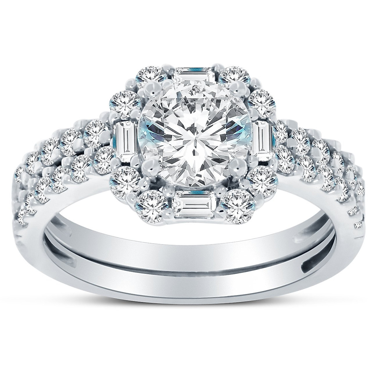 Size 4 - Solid 14k White Gold CZ Cubic Zirconia Halo Bridal Engagement Ring w/Matching Wedding Band Two Ring Set - Round Brilliant Cut Solitaire with Baguette Side Stones (2.75cttw., 1.0ct. Center)