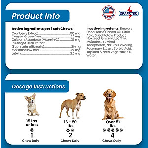 Sparktek Tear Stain Soft chew Supports Dogs Eye Care Enhanced with Lutein Omega-6 Omega-3 Cranberry Extract Helps Eliminate Tear Stains Lubricates Eyes and Supports Immune System from Allergies