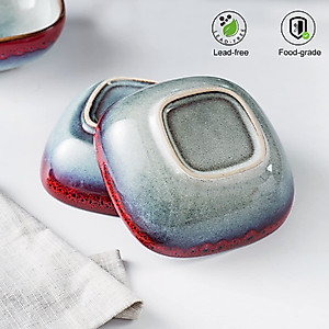 HENXFEN LEAD Ceramic Cereal Bowls, Square Serving Bowls 22 Oz for Side Dish, Appetizers, Salad - Oatmeal, Soup, Fruit Bowls Microwave Oven Safe, Set of 4 - Reactive Red