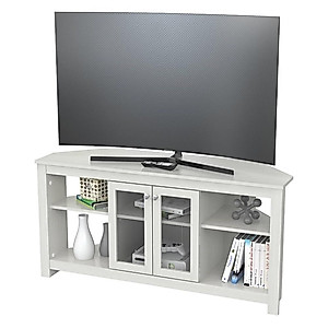 Inval, Adjustable Storage Shelves, Washed Oak Corner Stand for Flat Screen TVs Up to 60”, Entertainment Center with Glass Doors