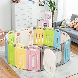 INFANS Baby Playpen, Kids Play Activity Center Yard for Toddlers, 14-Panel Safety Foldable Play Yard with Safety Lock, Adjustable Shape, Game Panel & Gate for Indoors or Outdoors (Colorful)