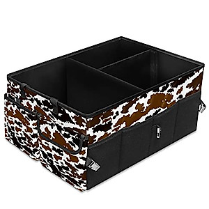 Western Black Brown Cow Print Car Trunk Organizer,Collapsible Cargo Storage Tote Bag,Non Slip,3 Divider Compartments, Automotive Interior Accessories for Auto SUV Truck Vehicle Picnic Camping