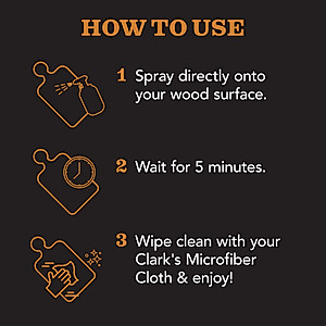 CLARK'S Natural Cutting Board Spray Cleaner, with Microfiber Cloth, for Wood Countertop – Pure Ingredients Filtered Water, Distilled Vinegar, Castile Soap, Lemon & Orange Citrus Oil Extracts, 12oz