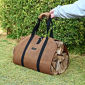 Firewood Carrier,Large Wood Carrying Bag with Handles Fireplace Log Carriers & Holders,Security Strap Camping Wear-Resistant & Dirt-Proof Waxed Canvas Indoor Stand Brown(Double Brass Rings)