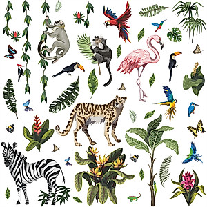 Amaonm Removable 3D Nature Wildlife Animals with Plants Green Leaves Tree Vine Wall Sticker Monkey Birds Leopard Peel and Stick Decor Wall Decals for Home Wall Kids Baby Bedroom Living Room Nursery