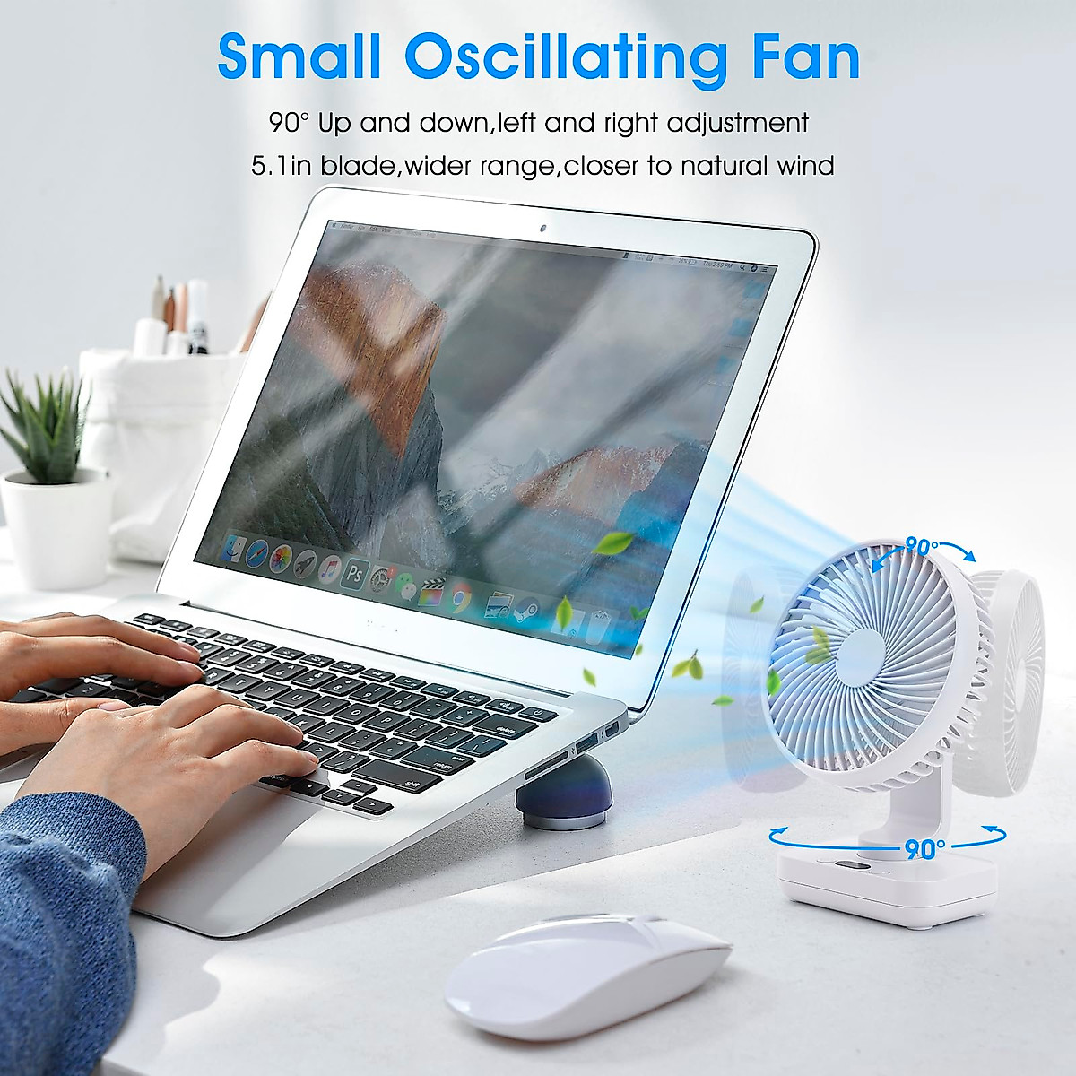 Digibond Oscillating Table Fan Small Oscillating Fan for Bedroom/Indoor/Outdoor Ultra Quiet Mini Desk Fan Auto 90° Rotated 4 Speeds 5in Wall Mounted Cordless Portable Rechargeable (White)