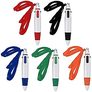 TIESOME Retractable Shuttle Pens with Neck Lanyard, 5 Pieces 4-in-1 Ballpoint Pens Multicolor Pens with Lanyard on Top for Office School Supplies Students Gifts Party Favors