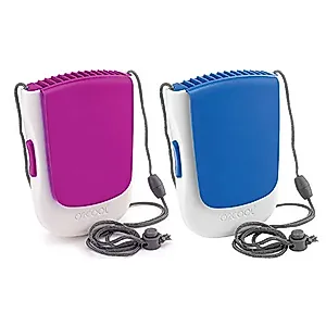 O2COOL Deluxe Necklace Fan | Battery Powered, Hands-Free Personal Cooling Fan w/Adjustable Lanyard, Table Top Stand + Wearable Clip (Dark Blue + Purple (2 Pack))
