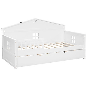 MERITLINE Twin Size Daybed with Trundle and Sensor Light, Wood Daybed Sofa Bed with Charming House-Shaped Backboard,Kids Bed Frames with Windows and Safety Rails,White