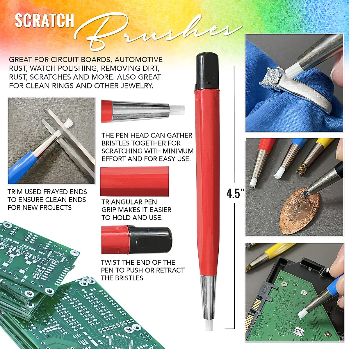 Fiberglass Pen Scratch Brush Set - Jewelry Cleaning Brush with Steel, Brass, Nylon, Fiberglass Tips for Corrosion Remover and Rust, Jewelry, Electrical Circuit Boards and Auto Body Work
