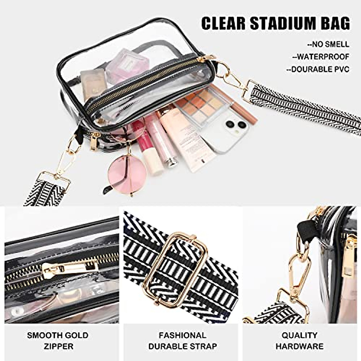 WEDDINGHELPER Clear Crossbody Bag, Clear Bag Stadium Approved Clear Purse with Adjustable Strap for Sports Concerts Festivals Events (Black-color1)