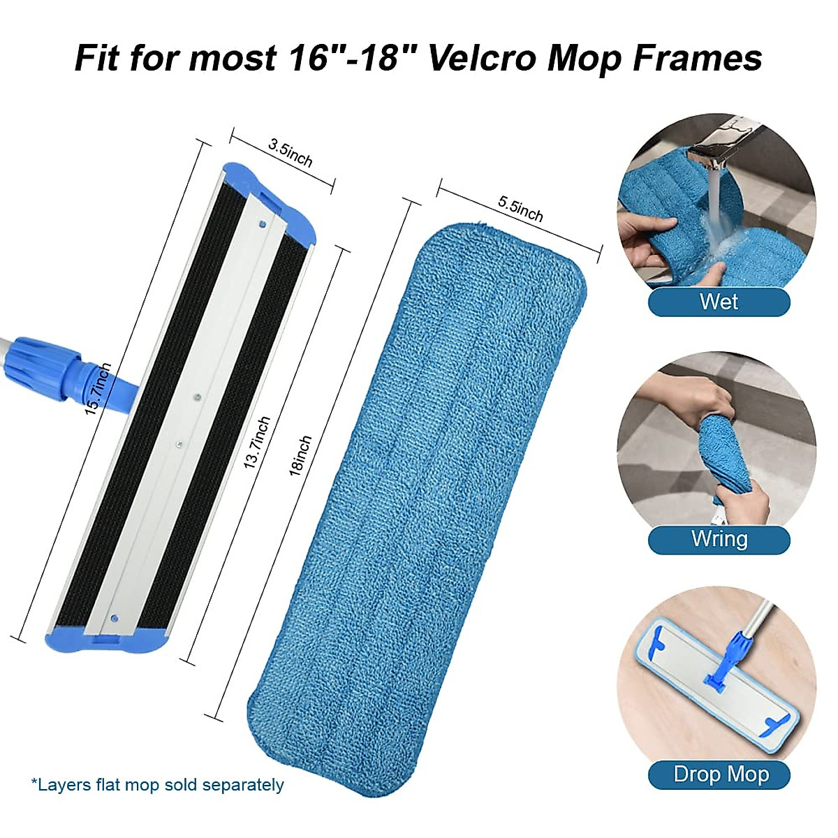Layers 18"Microfiber Replacement Mop Pads- Reusable Mop Heads Refills fit for Most 16-18inch Spray Velcro Mop, Machine Washable Absorbent Mop Pads- 3Pack