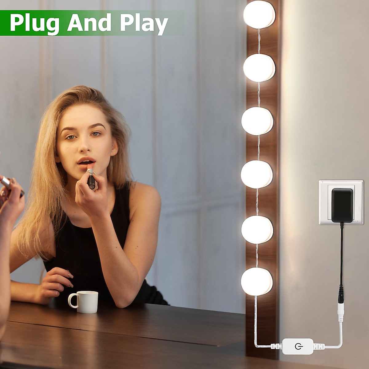 AIBOO LED Vanity Mirror Lights Kit, Stick on Dimmable Makeup Lights, 12V Mirror Lighting Strip Fixture for Vanity Dressing Table, Bedroom Wall Lights,CRI>90 (4000K Natural White,10 Bulbs)