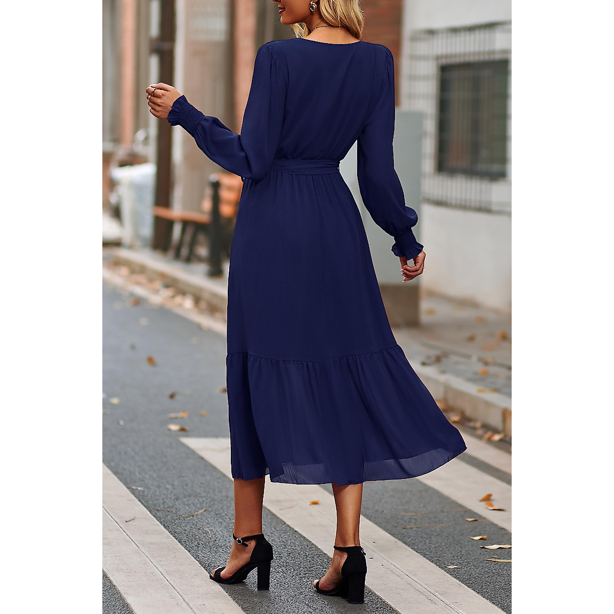 PRETTYGARDEN Women's Floral Print Boho Dress Long Sleeve Wrap V Neck Ruffle Belted A-Line Flowy Maxi Dresses (Solid Navy,X-Large)