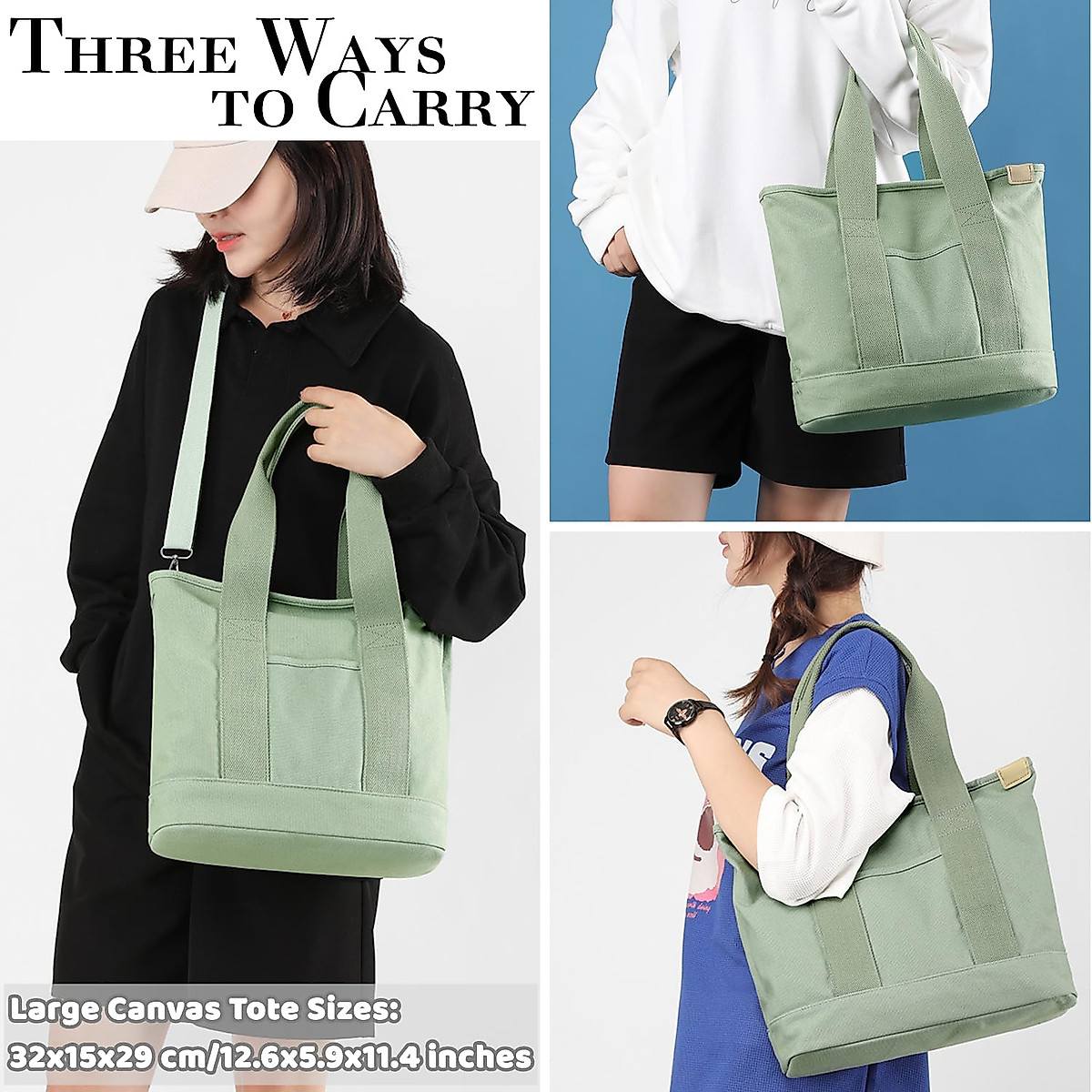 Large Tote Bag for Women,Canvas Totes Bags with Pockets,Crossbody Purse Hobo Handbag with Zipper,Shoulder Satchel Messenger Bag with Compartments for Work,Shopping,Beach,with Long Strap,2 Sizes